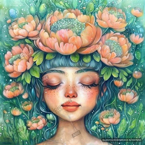 Ai创作图场景插画植物少女 森系主题插画 森系美少女插画 森系女孩插画 梦幻人物创意插画 梦幻女孩插画 插画梦幻女孩 少女与花插画 手绘花卉