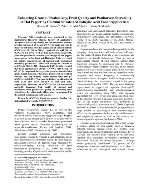Pdf Enhancing Growth Productivity Fruit Quality And Postharvest Storability Of Hot Pepper By