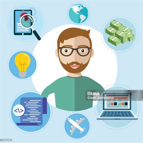 프리랜서 작업 공간 전 세계 협업 및 원격 작업 플랫 컬러 장식 아이콘 세트 격리 된 벡터 일러스트 개념에 대한 스톡 벡터 아트