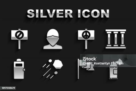 플라잉 스톤 감옥 창문 페인트 스프레이 캔 위치 마커 경찰 돌격 방패 평화 항의 및 파괴 아이콘을 설정합니다 벡터 검은색에 대한 스톡 벡터 아트 및 기타 이미지 Istock