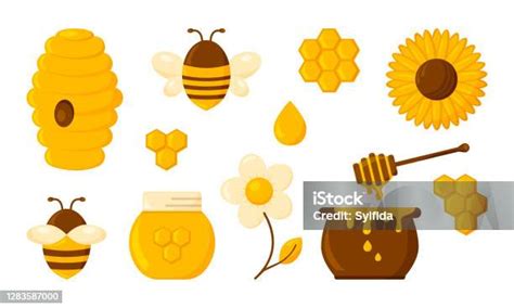 꿀 벡터 아이콘 세트 벌집 꿀벌 벌집 육각형 항아리 냄비 드롭 시럽 토스트와 꽃 과자 류러스티레이션 벌집 패턴에 대한 스톡 벡터 아트 및 기타 이미지 Istock