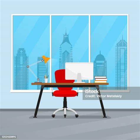 의자 컴퓨터 램프 및 연필 스탠드가있는 사무실 책상 이나 테이블 비즈니스 인테리어 디자인 플랫 스타일의 작업장 벡터 그림입니다 0명에 대한 스톡 벡터 아트 및 기타 이미지