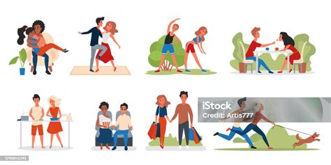 커플 사람들은 함께 시간을 보내고 행복한 남자 여자는 사랑 데이트에 저녁 식사를 포옹 스포츠에 대한 스톡 벡터 아트 및 기타 이미지 스포츠 저녁 식사 가방 Istock