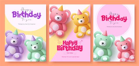 생일 축하 인사말 카드 벡터 포스터 세트 디자인입니다 테디 베어 장난감 깜짝 요소 어린이 초대장 생일 인사말 텍스트 0명에 대한 스톡 벡터 아트 및 기타 이미지 Istock