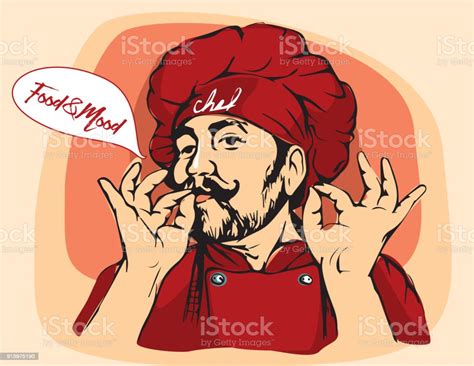 유니폼에 요리사입니다 콧수염과 손을 요리사의 벡터 그림입니다 만화에 대한 스톡 벡터 아트 및 기타 이미지 만화 요리사 요리하기 음식 준비 Istock