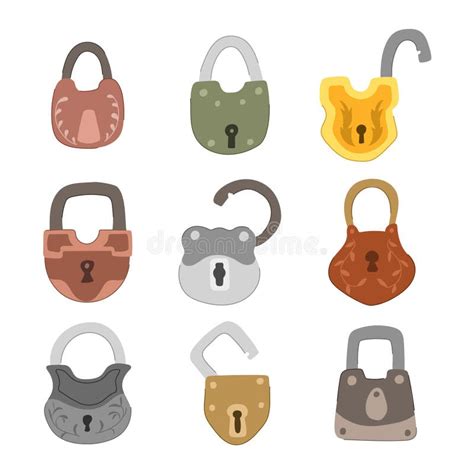 Padlock Vintage Set Cartoon Vector Illustration Stock Vector Illustration Of Metal Steel