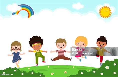 아이 여름 캠프 배경 교육 배너 템플릿 광고 브로셔 캠핑 포스터 전단지에 활동을 하는 아이들의 만화 당신의 텍스트 벡터 일러스트