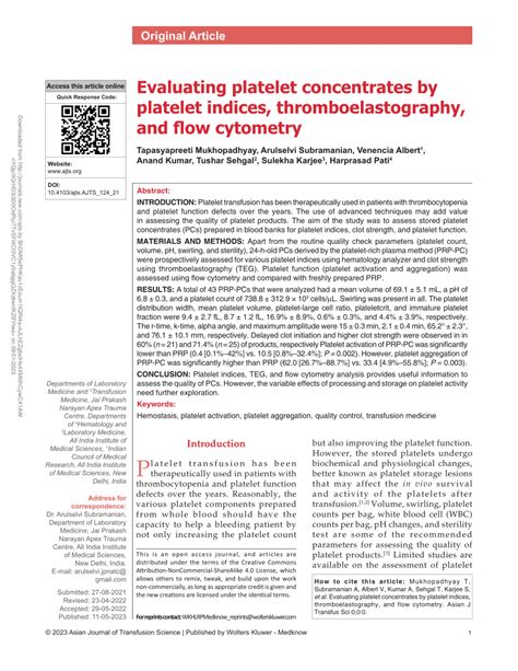 Pdf Evaluating Platelet Concentrates By Platelet Indices Thromboelastography And Flow Cytometry