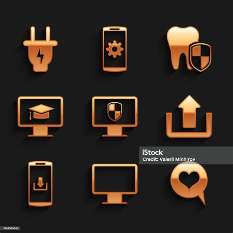 모니터 및 방패 컴퓨터 모니터 화면 말풍선의 심장 업로드 다운로드 및 졸업 캡 아이콘이 있는 스마트폰을 설정합니다 벡터 Brand Name Smart Phone에 대한 스톡