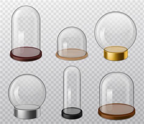 유리 돔 쟁반 식품 보관 용기 프레젠테이션 제품 실험실용 빈 구 및 투명 배경에 설정된 전시 케이스 3d 벡터가 있는 현실적인 광택 원형 투명 돔 프리미엄 벡터