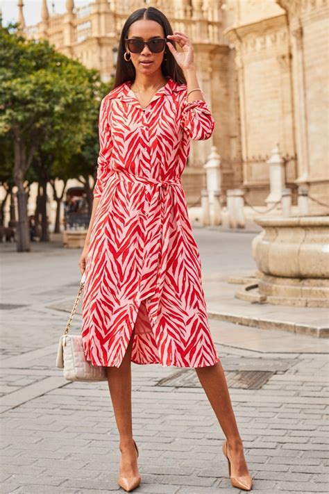 White And Black Abstract Print Belted Midi Shirt Dress