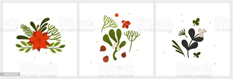 손으로 그린 벡터 추상 그래픽 메리 크리스마스와 새해 복 많이 받으세요 클립 아트 일러스트 꽃과 나뭇잎으로 설정된 인사말 카드 메리 크리스마스 귀여운 꽃 디자인 배경 겨울