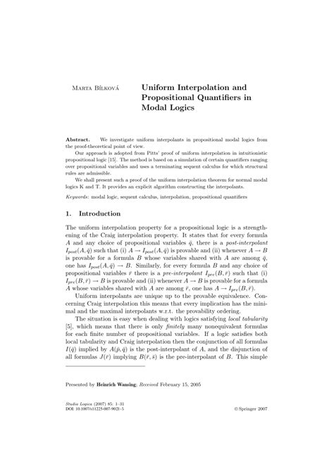 Pdf Uniform Interpolation And Propositional Quantifiers In Modal Logics