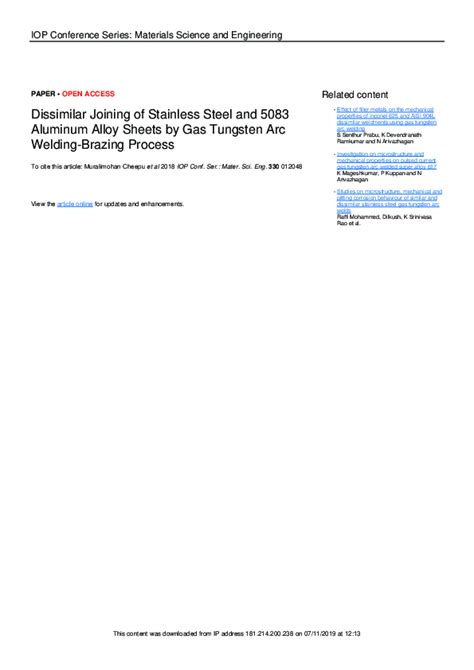 Pdf Dissimilar Joining Of Stainless Steel And 5083 Aluminum Alloy Sheets By Gas Tungsten Arc