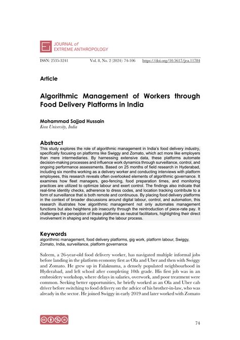Pdf Algorithmic Management Of Workers Through Food Delivery Platforms In India