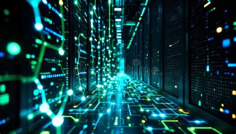 Glowing Data Corridor A Futuristic Server Room S Teal And Green Digital Pathways Stock
