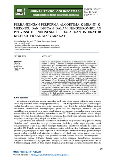 Pdf Perbandingan Performa Algoritma K Means K Medoids Dan Dbscan