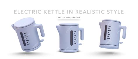 흰색 배경 벡터 일러스트 레이 션에 고립 된 그림자와 함께 현실적인 3d 플라스틱 전기 주전자 세트 프리미엄 벡터