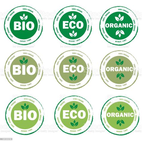 에코 바이오 유기농 제품 스티커 라벨 배지 및 로고 100 비건 환경 친화적 인 배지 유기농 및 환경 친화적 인 제품을위한 로고 템플릿 0명에 대한 스톡 벡터 아트 및 기타