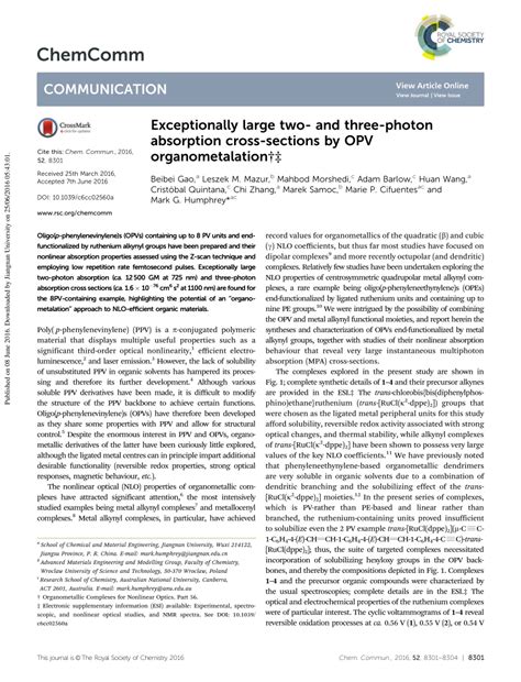 Pdf Exceptionally Large Two And Three Photon Absorption Cross Sections By Opv Organometalation