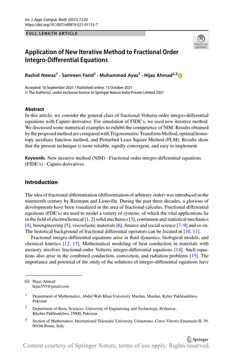 Application Of New Iterative Method To Fractional Order Integro Differential Equations Request Pdf
