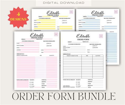 Editable Order Form Template Bundle Fillable PDF US Letter Size X Minimalist Design