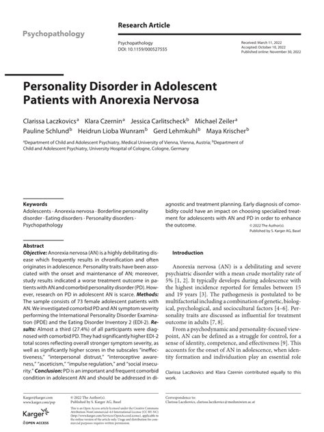 Pdf Personality Disorder In Adolescent Patients With Anorexia Nervosa