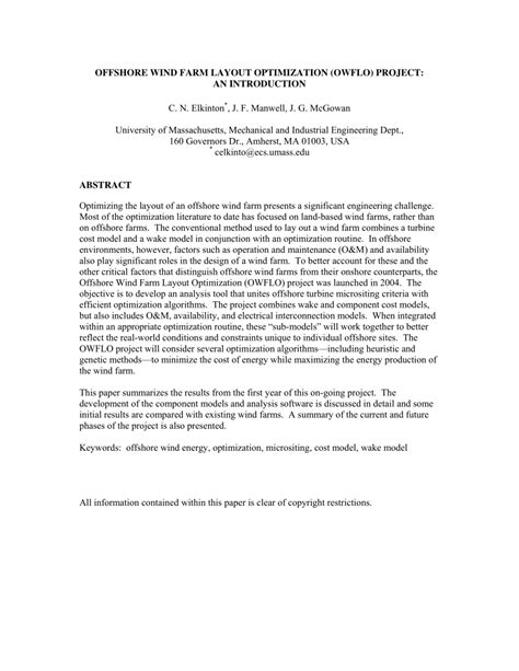 PDF Offshore Wind Farm Layout Optimization OWFLO Project An Introduction