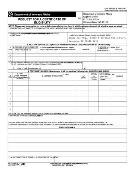 Va Form 26 1880 2006 Request For A Certificate Of Eligibility Printable Pdf Download