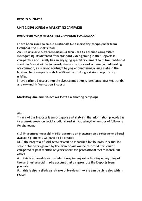 Template For Rationale For Marketing Campaign 1 Btec L3 Business Unit 2 Developing A
