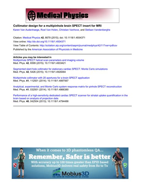 Pdf Collimator Design For A Multipinhole Brain Spect Insert For Mri