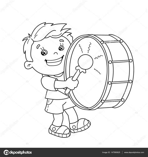 ระบายสีหน้าของเด็กชายการ์ตูนเล่นกลอง เครื่องดนตรี สมุดระบายสีสําหรับเด็ก ภาพเวกเตอร์สต็อกโดย