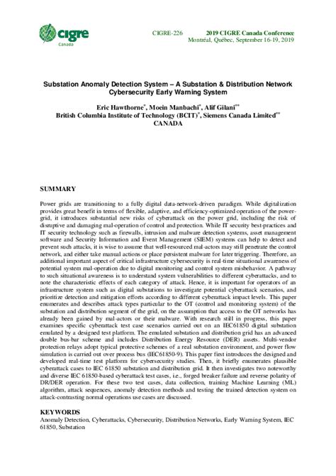 Pdf Substation Anomaly Detection System A Substation And Distribution Network Cybersecurity
