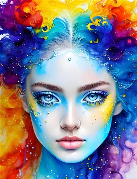 نقاشی از چهره دختری زیبا با موهای رنگی و چشمان نافذ فایل تصویر با کیفیت عکس با کیفیت و وکتور
