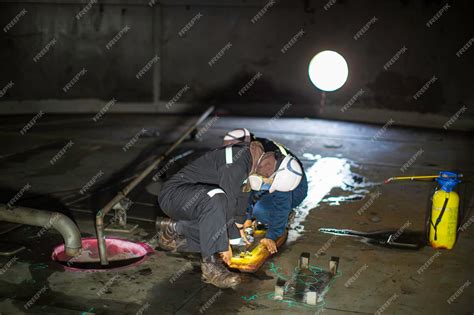 남성 작업자 검사 진공 테스트 바닥 플레이트 탱크 석유 화학 철강 용접 누출 프리미엄 사진