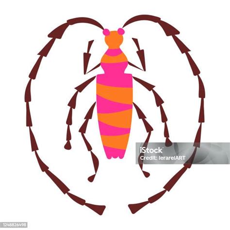 긴 어두운 콧수염과 발을 가진 작은 빨간 줄무늬 Sheuk의 벡터 그림 옷에 인쇄 및 인쇄를위한 평면 스타일의 귀여운 곤충 흰색 배경에 고립 된 귀여운 종류의 버그 곤충에