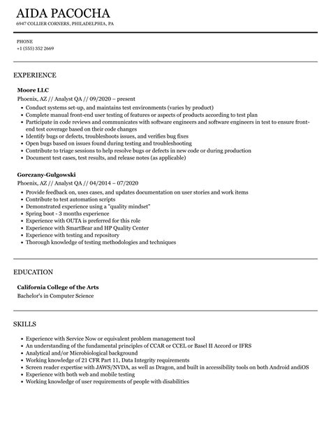 Analyst QA Resume Samples Velvet Jobs