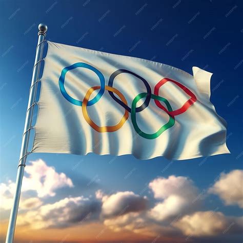 Olympic Flag Official Symbol Of The Olympic Games Floating Under A Blue