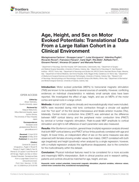 Pdf Age Height And Sex On Motor Evoked Potentials Translational