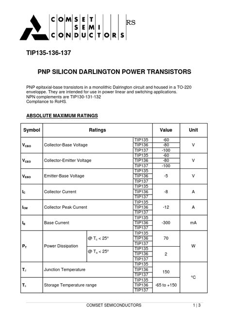 Tip137 Datasheet Transistors Equivalent Comset Semiconductors