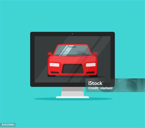 รถยนต์หรืออัตโนมัติบนหน้าจอคอมพิวเตอร์ภาพประกอบเวกเตอร์ การออกแบบการ์ตูนแบนคอมพิวเตอร ภาพประกอบ