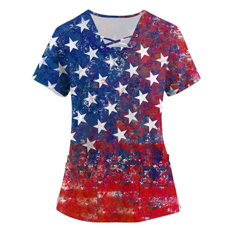 Knosfe 4th Of July Scrub Tops For Women Stars Striped American Flag