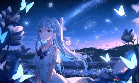 Beautiful Anime Girl With Blue Hair Posing With Butterflies Hd