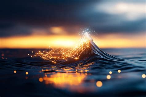 Stunning Wave In Ocean Illuminated By Glowing Particles Creating Mesmerizing Effect At Sunset