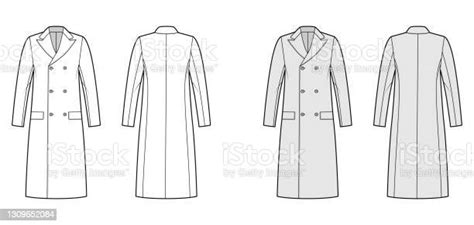 울스터레트 코트 테크니컬 패션 일러스트와 더블 브레스트 무릎 길이 라운드 칼라 피크 플랩 포켓 플랫 0명에 대한 스톡 벡터 아트 및 기타 이미지 Istock