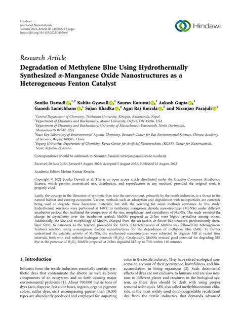 Pdf Degradation Of Methylene Blue Using Hydrothermally Synthesized α Manganese Oxide