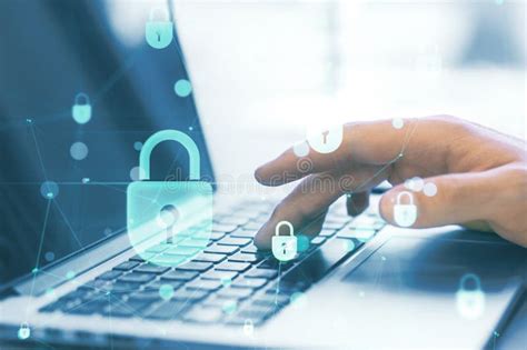 Close Up Of Man Hands Using Laptop Keyboard At Desk With Creative Low Poly Plexus Digital