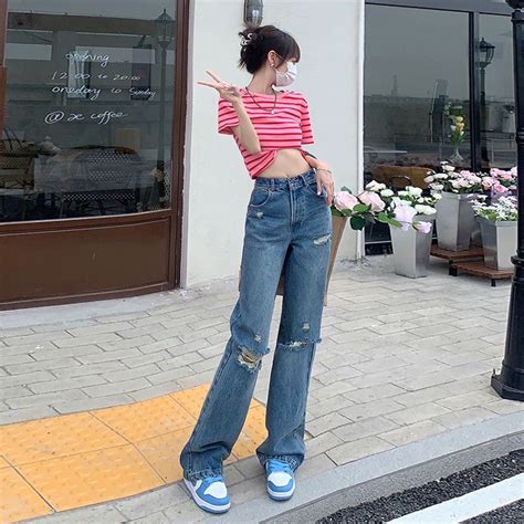 Swan Shop ☘️กางเกงยีนส์ขายาวขัดขาดเอวสูง ขากระบอกใหญ่ วินเทจ ทรงสวย มีไซส์xs Xxlค่ะ Shopee