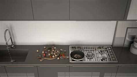 싱크대 스토브 요리 냄비 및 음식 근접 평면도 흰색과 회색 미니 멀 인테리어 디자인 현대 부엌 0명에 대한 스톡 사진 및 기타