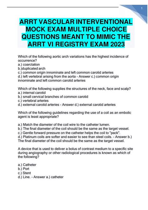 Arrt Vascular Interventional Mock Exam Multiple Choice Questions Meant To Mimic The Arrt Vi